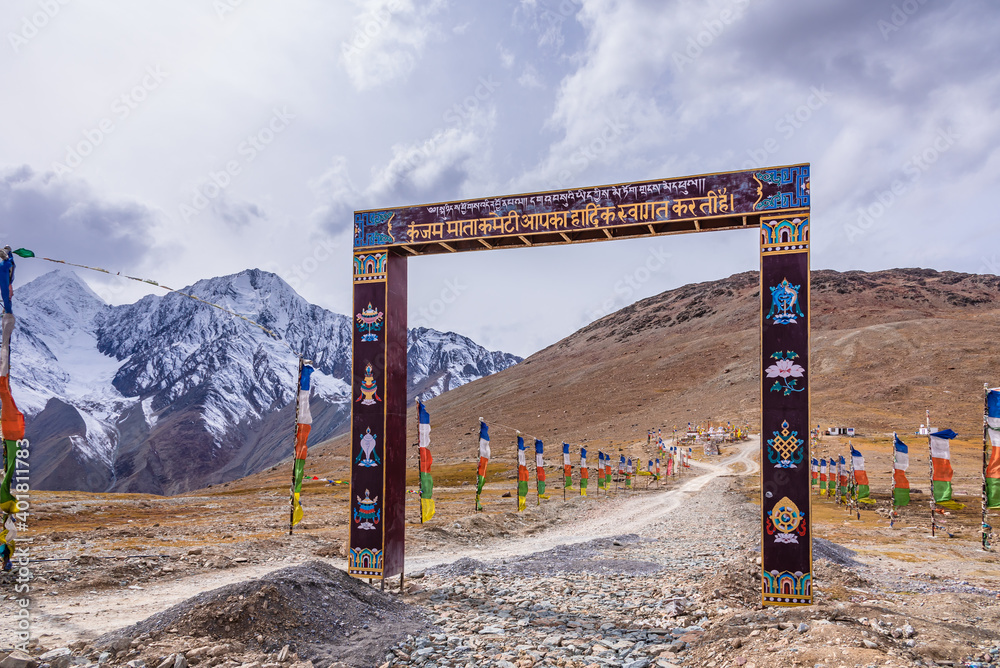 Entrance of Kunzum Pass temple at 4,590 m is a high mountain pass on ...