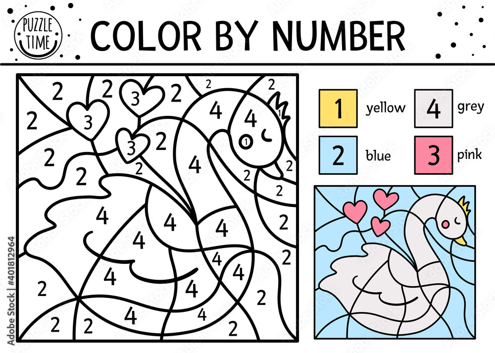 Vector Saint Valentine day color by number activity with swan and ...