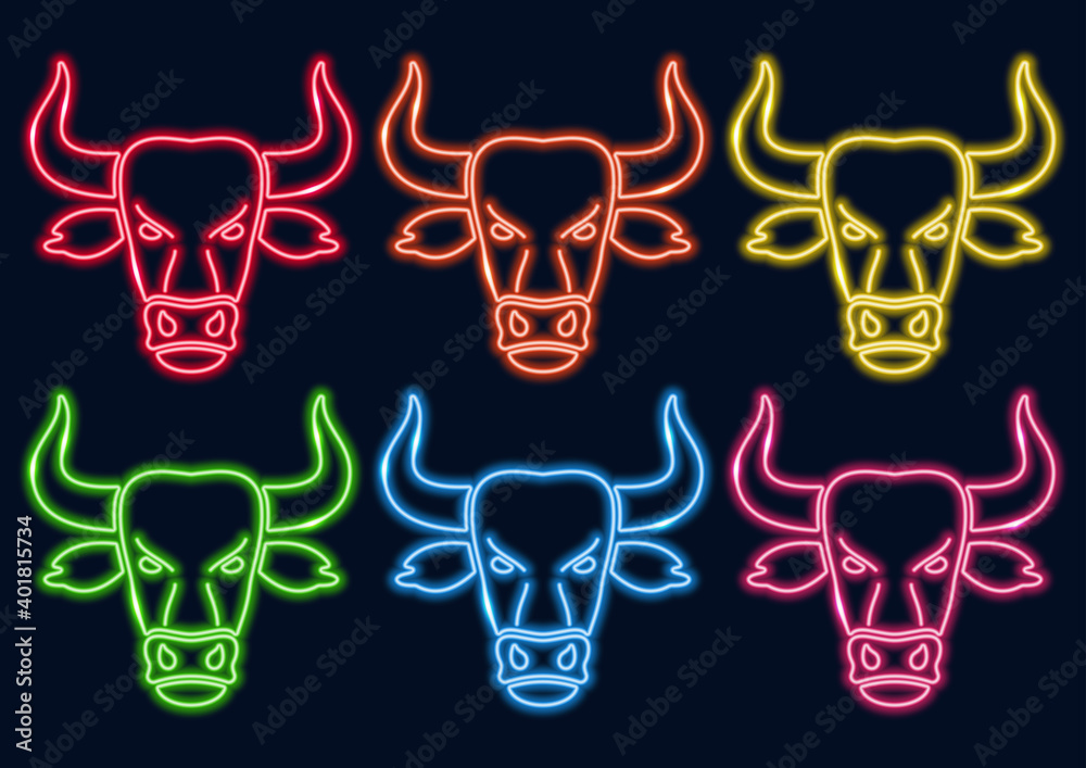 Neon frame. Bull head in neon style. Neon set in different colors ...