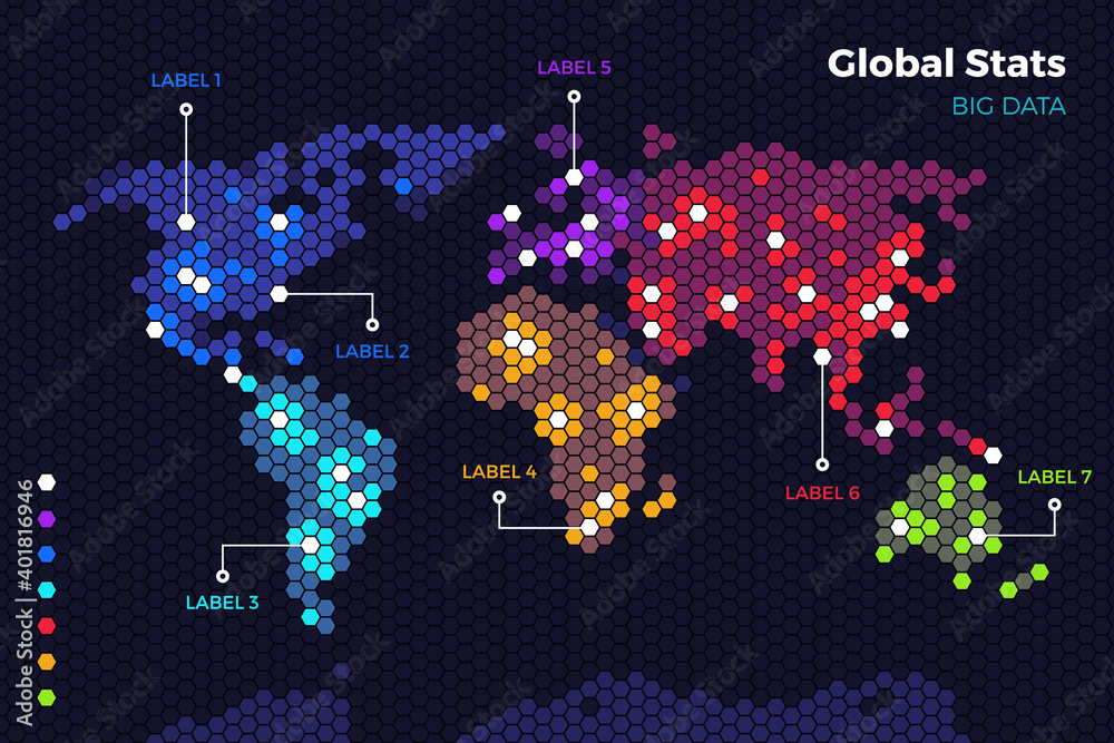 Hexagon world map - Big data global statistics infographic vector ...