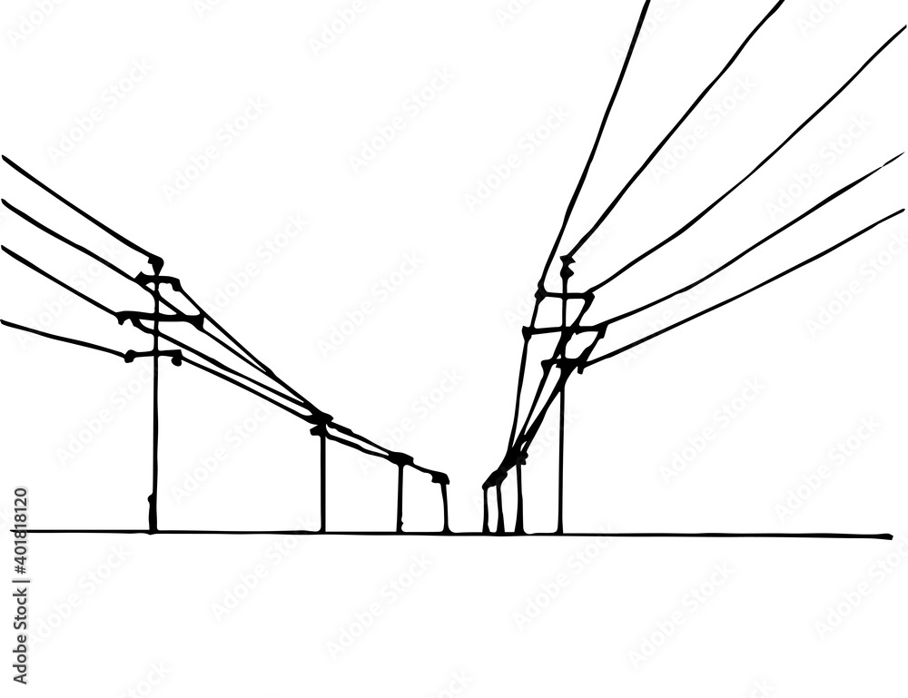 Hand-drawn ink simple vector drawing. Poles with electrical wires ...