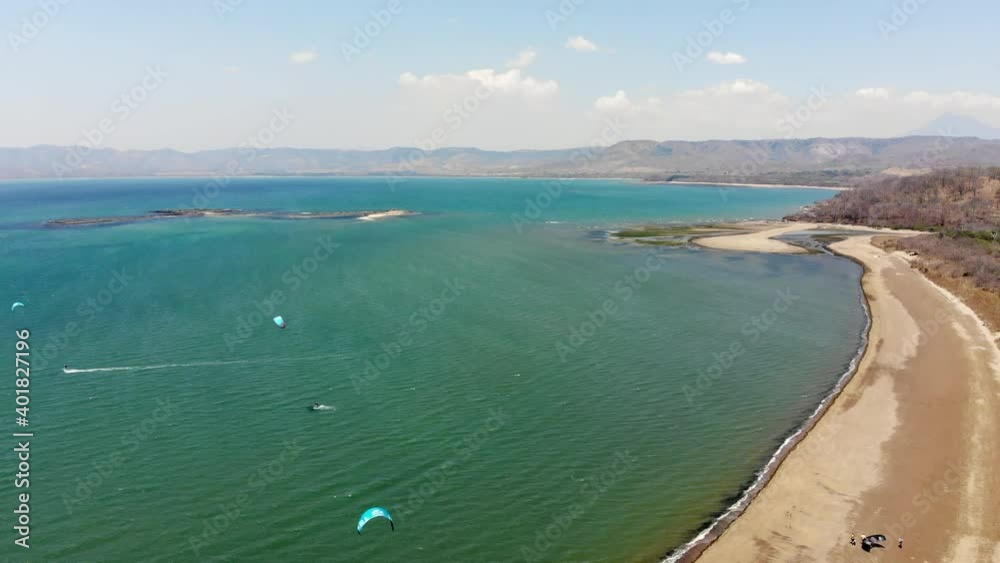 Scenic drone footage of the kiteboarding spot in Playa Copal in Costa ...