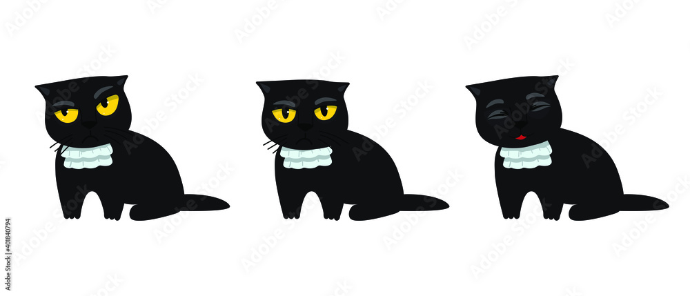 Cats silhouette vector set black cat in a jabot. Cute kitten with ...