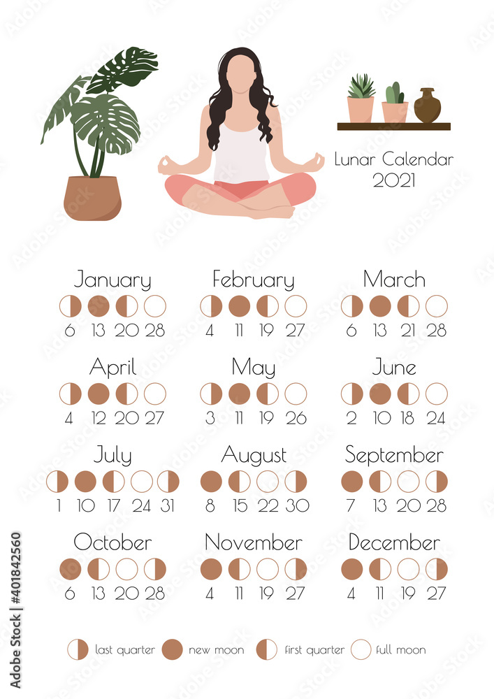 Lunar Calendar 2021, moon phases calendar vector illustration. Wall ...