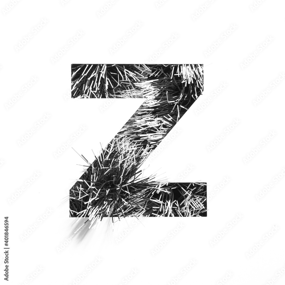 Black letter Z of English alphabet of monochrome tinsel and paper cut ...