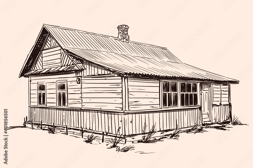 Hand sketch on a beige background. Old rustic wooden house in Russian ...