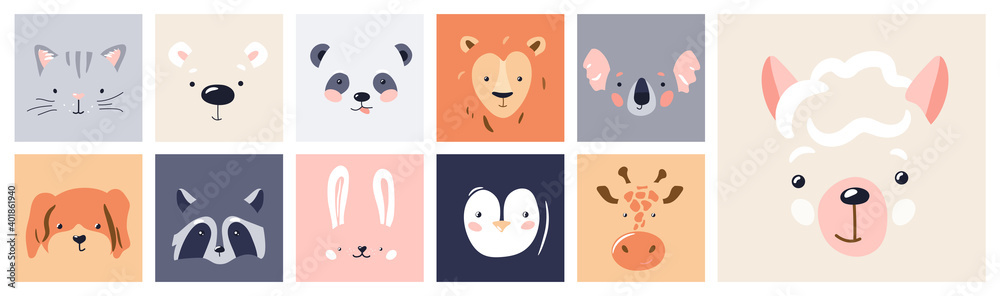 Cute animal baby face posters set vector illustration. Hand drawn ...