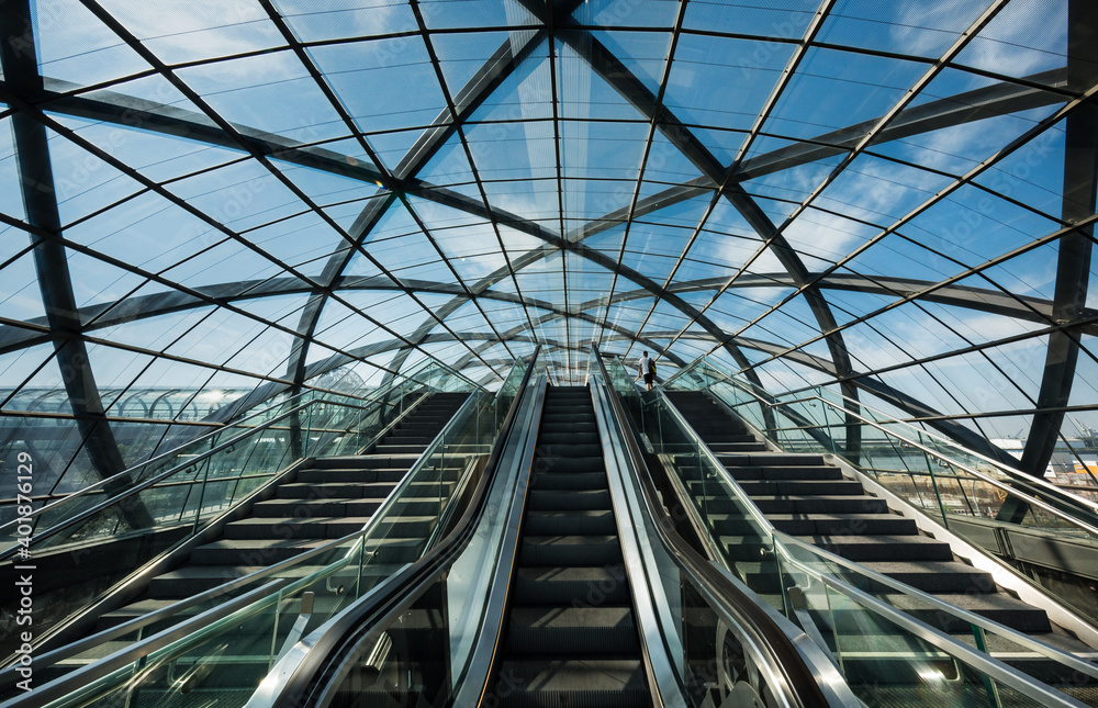 Hamburg, Germany: elevator and modern rooftop in the new railway ...