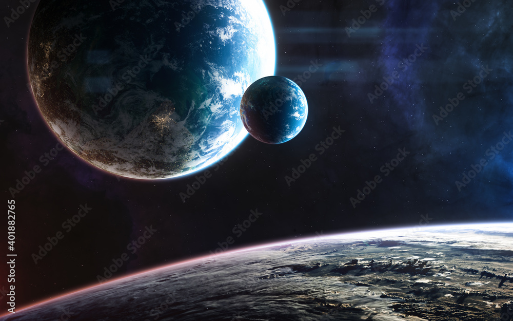 Photo & Art Print Inhabited planets in deep space in light of blue star, Aaron Alien