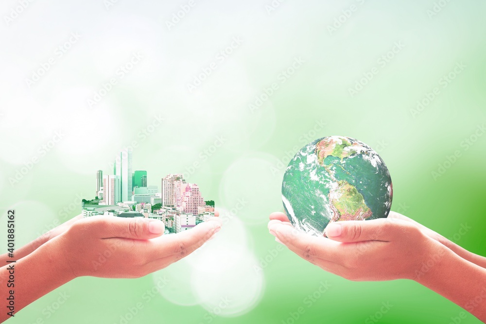 Corporate social responsibility (CSR) concept: Two human hand holding ...