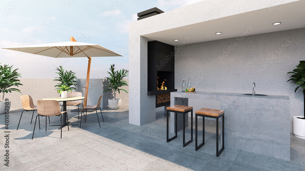 Área BBQ en una terraza de un edificio, con una mesa con parasol Stock ...