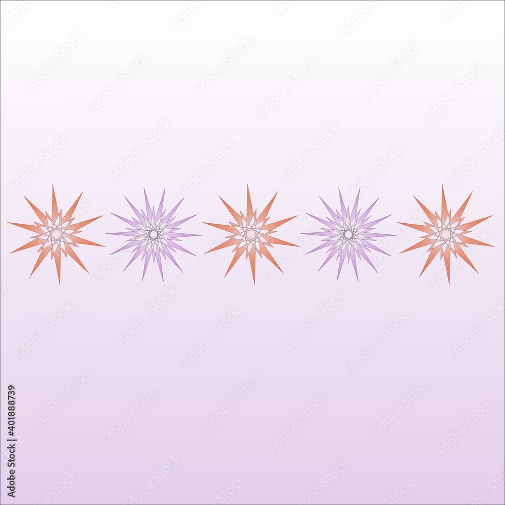 Abstract peach and lavender geometric stars in a horizontal line, on a ...