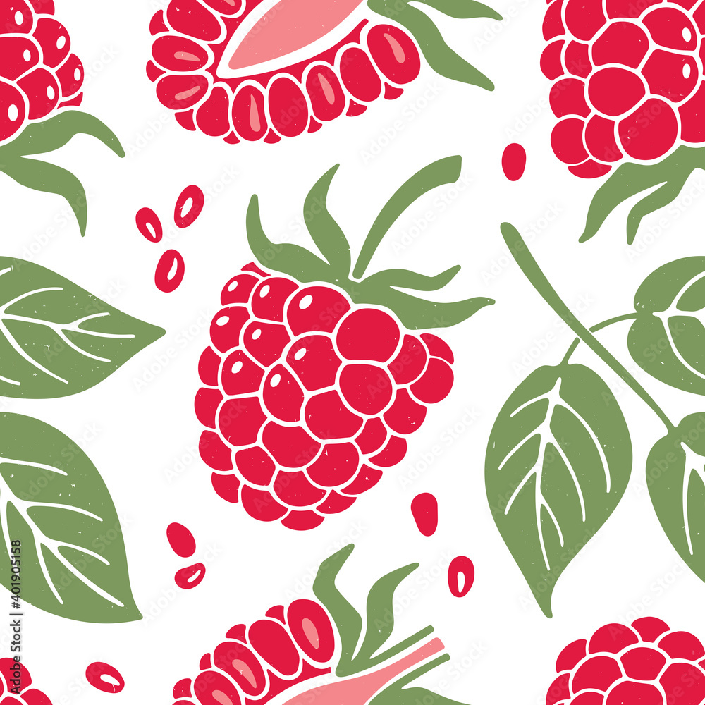 Cute raspberry seamless pattern. Ripe raspberry, raspberry halves and ...