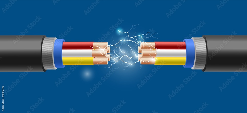 Breakage of the electric cable with sparks, realistic vector ...