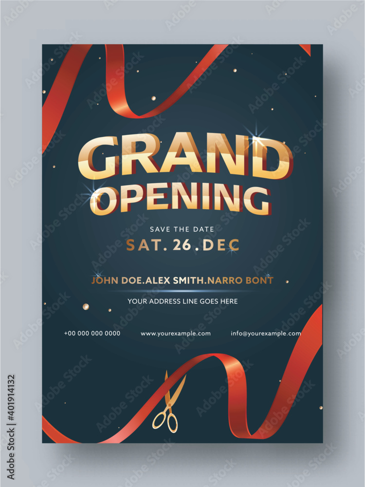 Grand Opening Flyer Or Template Design With Red Ribbon, Scissor And ...