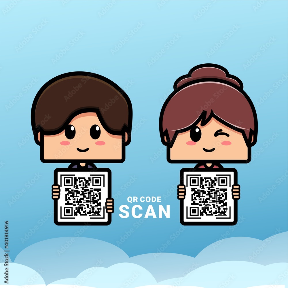 Cute boy and girl character holding QR code. Scanning QR code ...