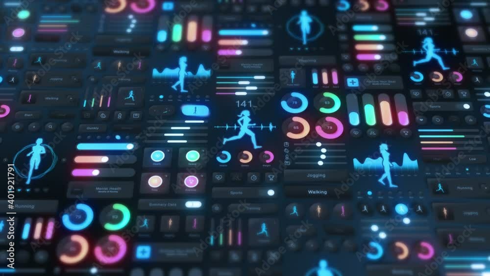 Hi tech panel of fitness application on dark background. Running and ...