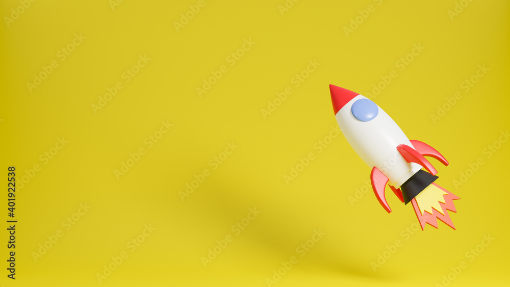 Rocket ship flies up on yellow background.Business startup concept.3d ...