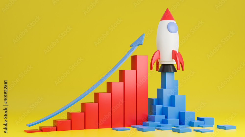 Rocket ship flies up with finance graph chart on yellow background ...