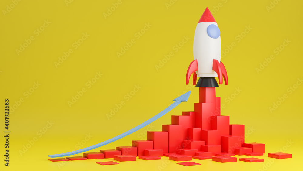 Rocket ship flies up with finance graph chart on yellow background ...