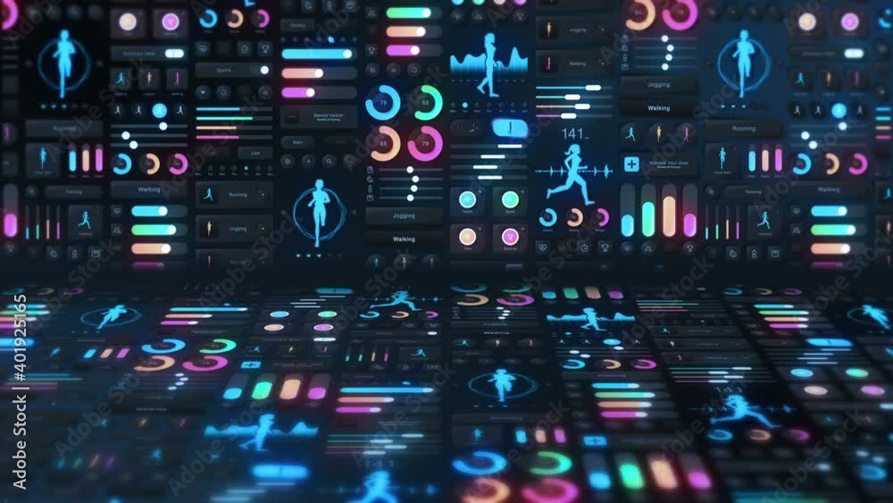 Vidéo Stock Hi tech panel of fitness application on dark background ...