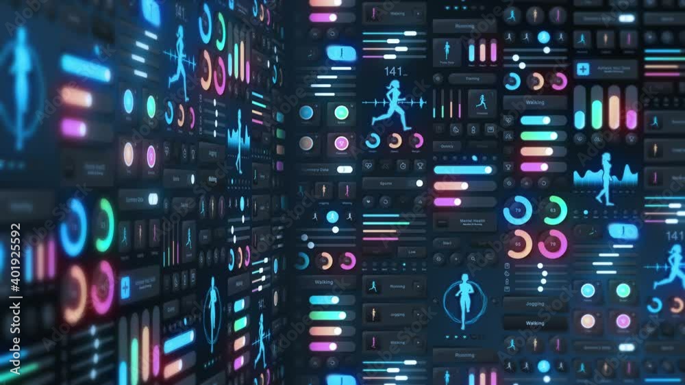 Vidéo Stock Hi tech panel of fitness application on dark background ...