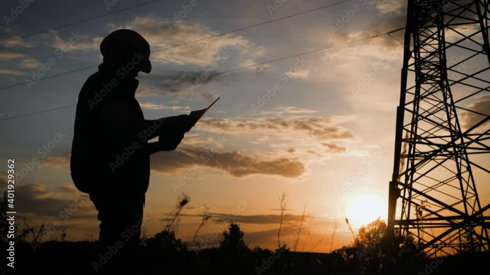 Silhouette of engineer standing on field with electricity towers ...