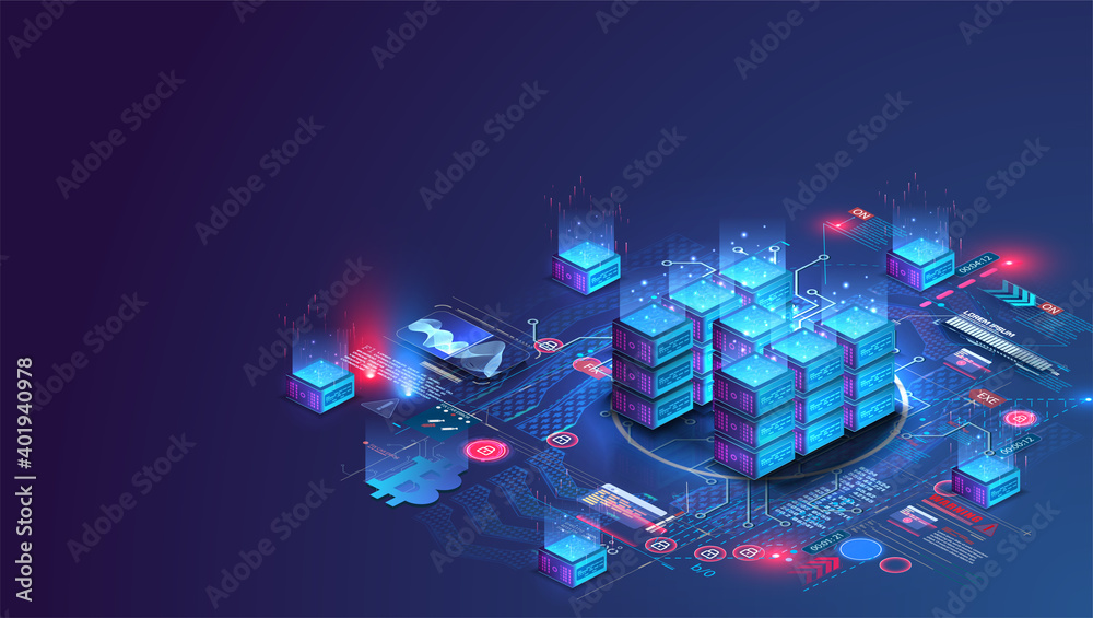 Server room data center. Backup, mining, hosting, mainframe, farm. Hosting server isometric ...