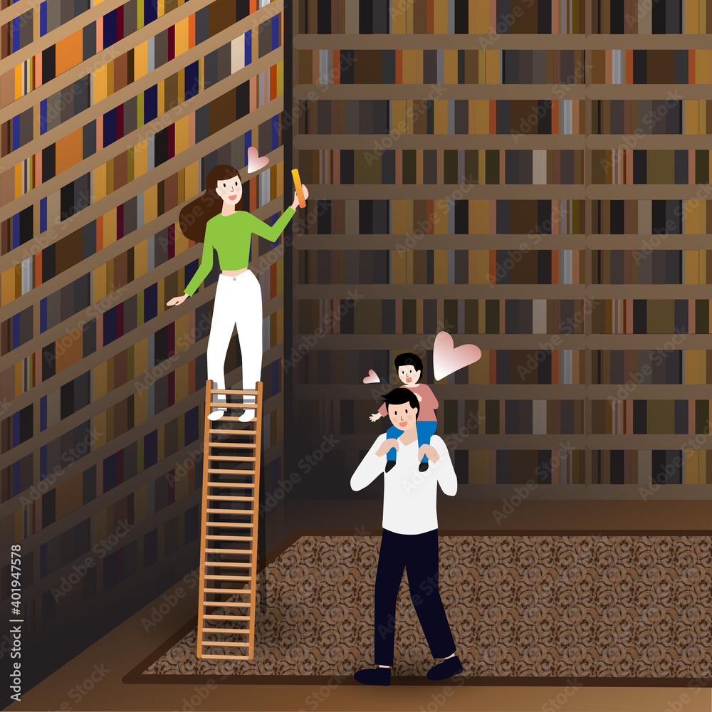 Happy parents and children portrait in libary room with book and stair ...