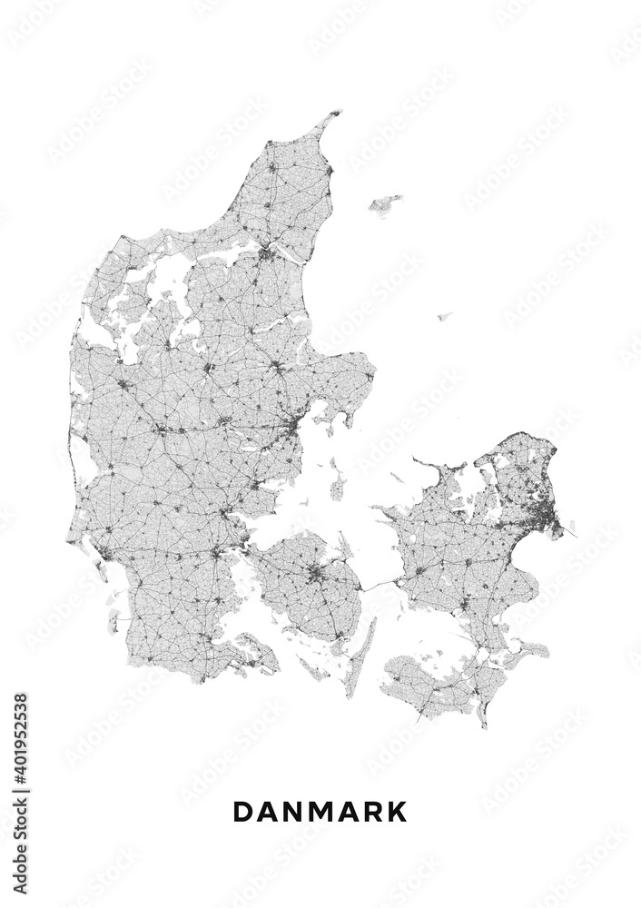 Denmark map poster (portrait). Road map of Denmark. It includes all ...
