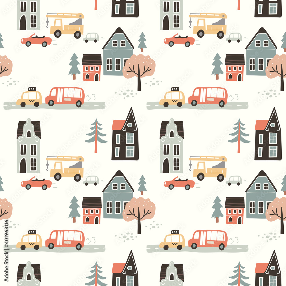 Cartoon childish town city print.Vector childish doodle style seamless picture pattern with city ...