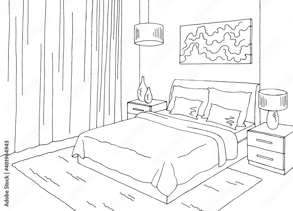 Bedroom graphic black white home interior sketch illustration vector ...
