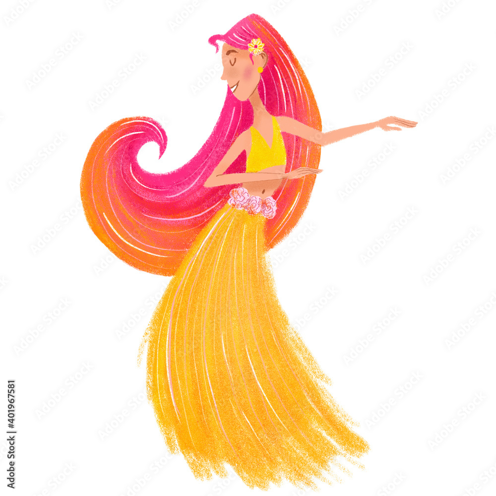 Isolated illustration of cute pink hair hula dancer. Cartoon style ...