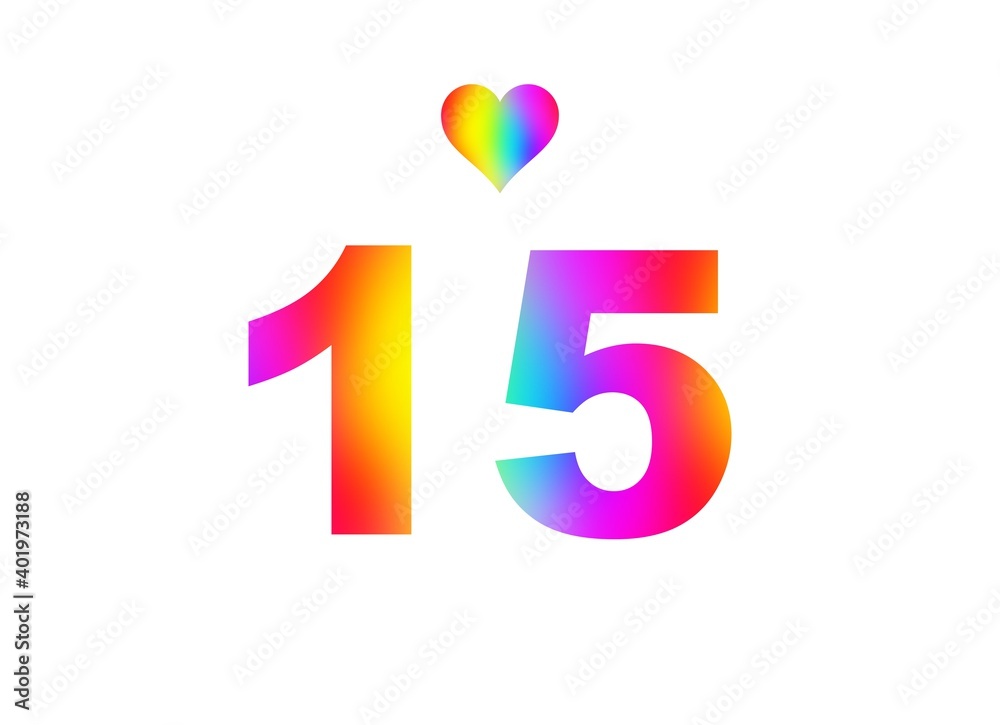 15th birthday card illustration with multicolored numbers isolated in ...