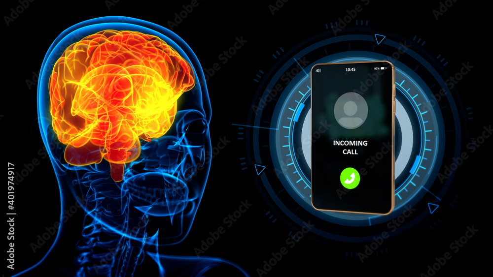 Industrial 3D illustration - x ray human head image with calling mobile ...