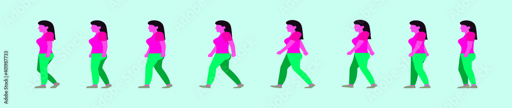 set of woman walk cycle cartoon icon design template with various ...