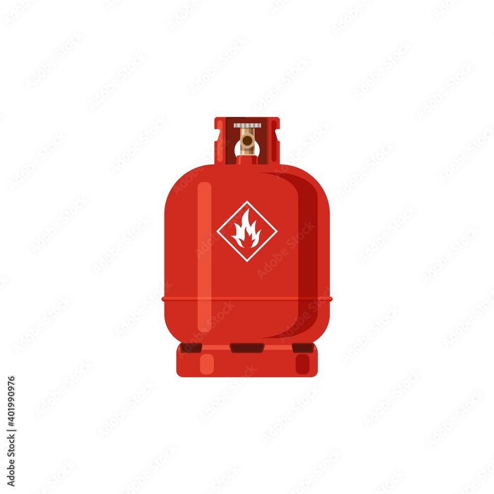 Gas cylinder. Red Lpg propane container with fire icon, tank with ...