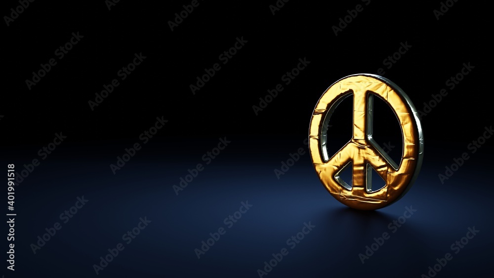 3d rendering symbol of peace wrapped in gold foil on dark blue ...