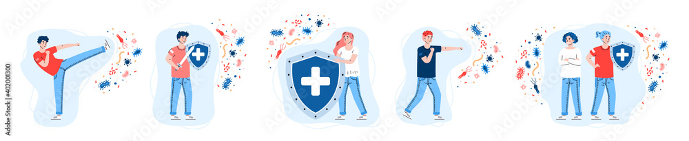 Set of people reflecting with viral attack by strong immune system ...