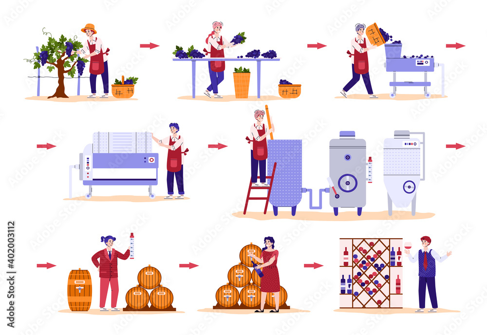 Set of winemakers cartoon characters busy with proceeding grape and ...