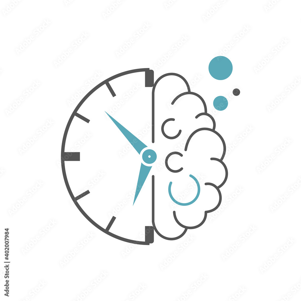 Half human brain and half clock icon. Flat style. Isolated on white ...
