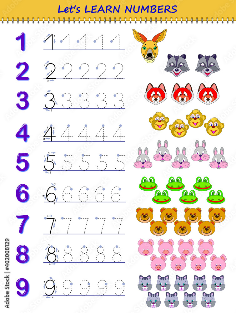 Mathematical educational page for little children. Learn write numbers ...