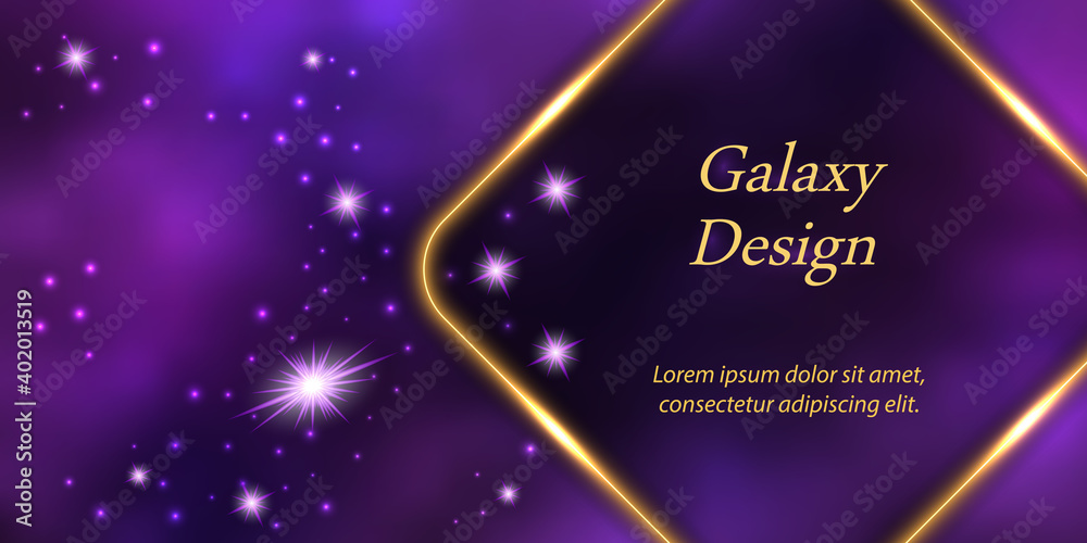 Golden glowing frame on galaxy space background. Gold rhumb border and ...