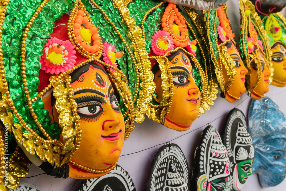 Colorful chhou masks of Hindu Goddess Durga, on display for sale at ...