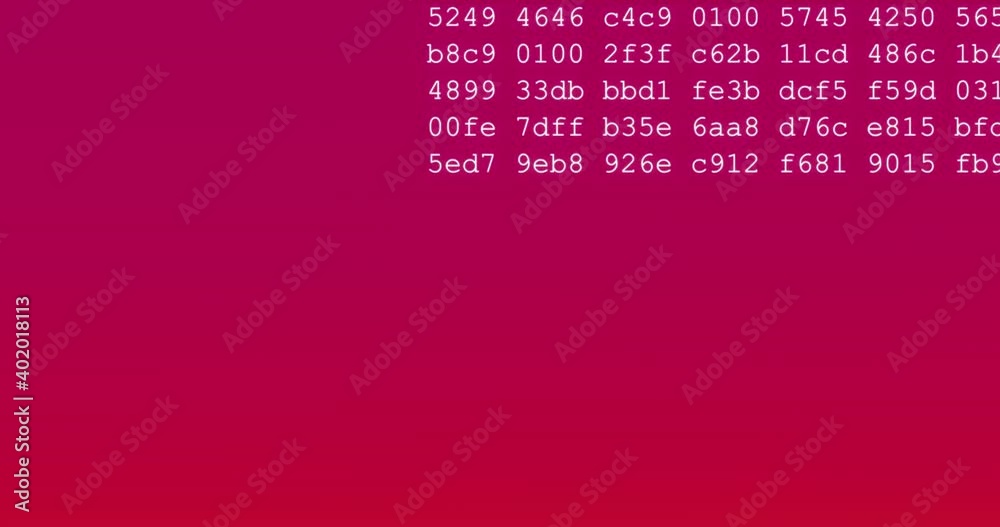 Hexadecimal code appear line by line on colored gradient background ...