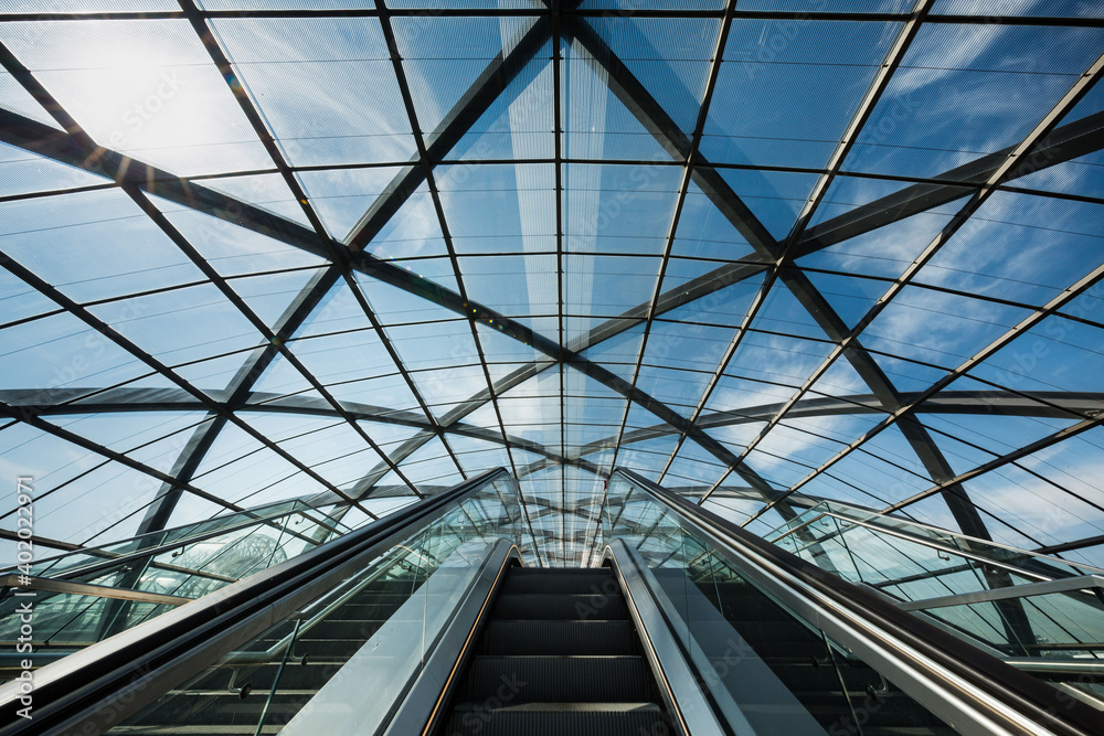Hamburg, Germany: elevator and modern rooftop in the new railway ...