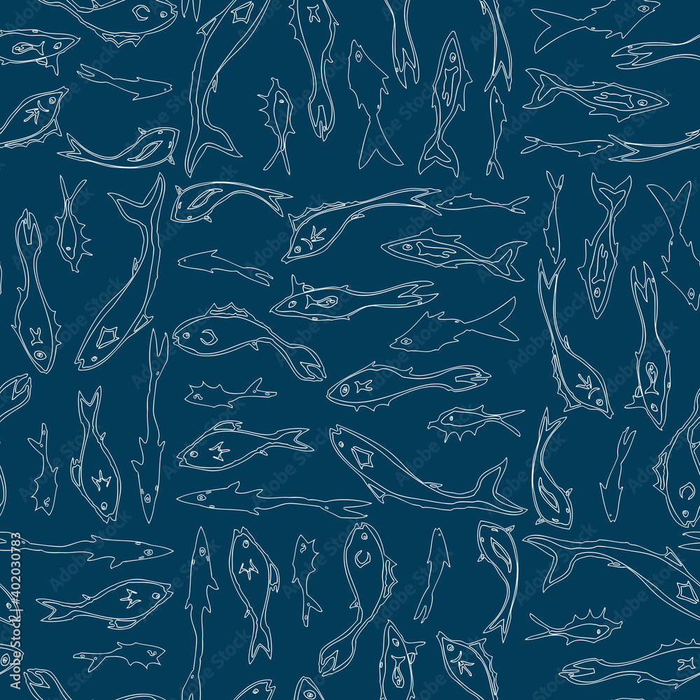 Seamless background of outlines various abstract fishes Stock Vector ...