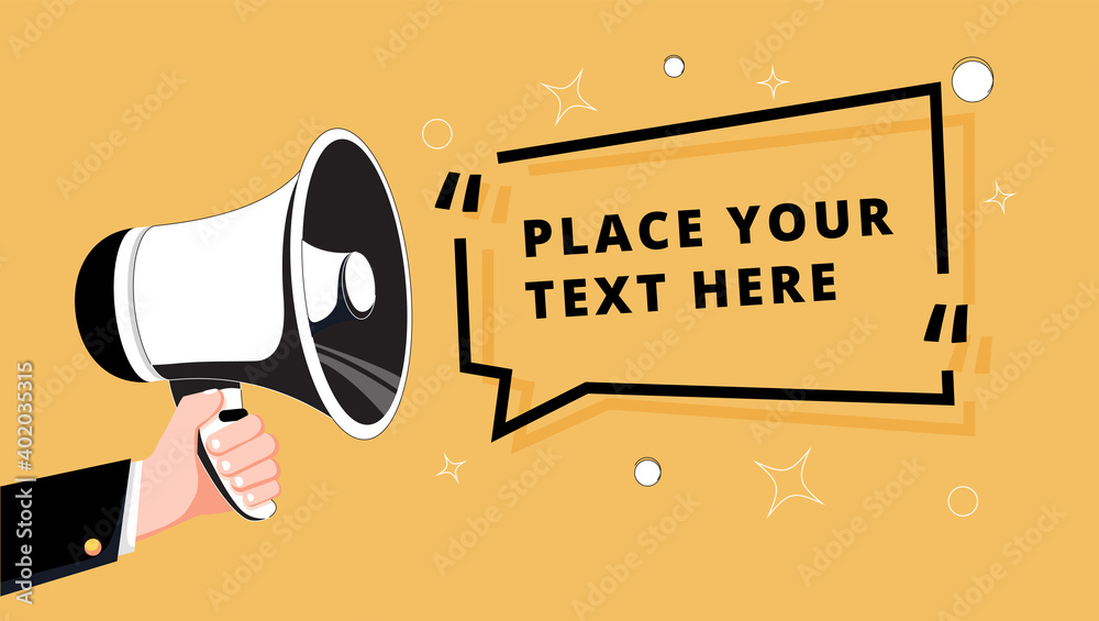 Male hand holding megaphone with important message speech bubble ...