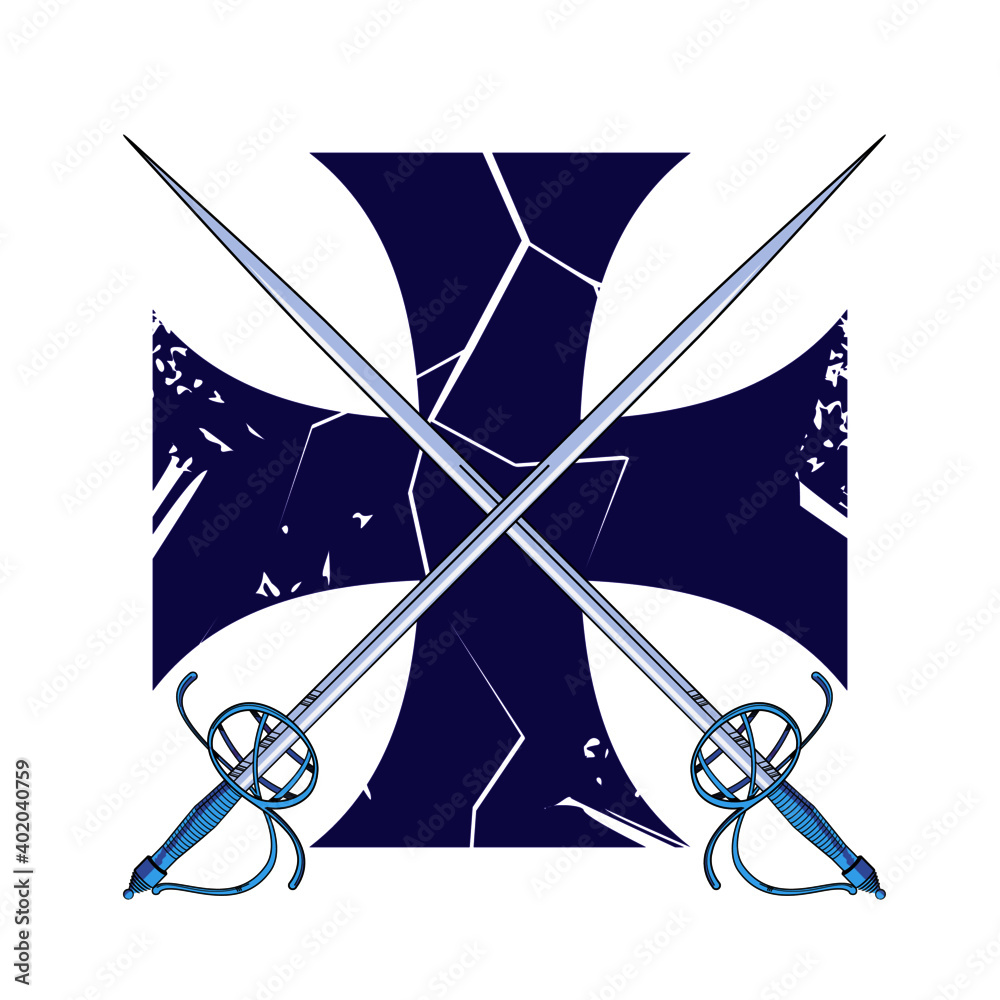 Vector illustration of two swords clashing over a cross. Ideal design ...