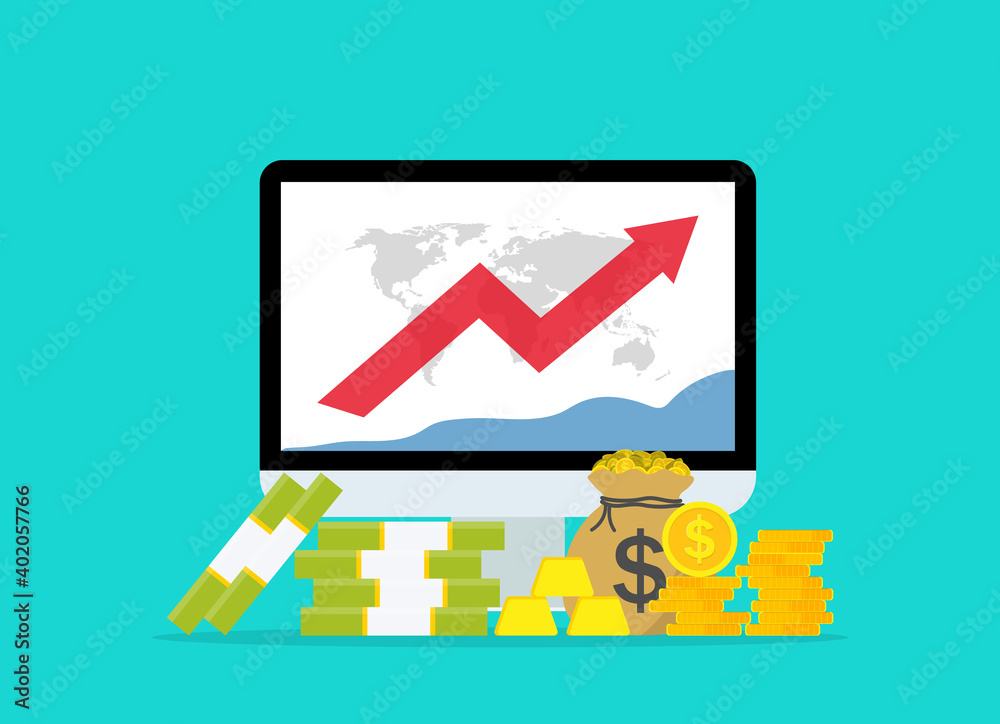 Graph of growth money profit. Arrow of grow of cash investment on chart ...